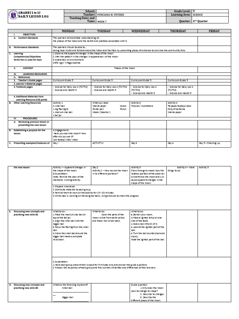 Grade 5 DLL SCIENCE 5 Q4 Week 7 | PDF | Moon | Curriculum