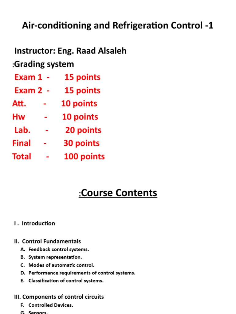 Air-Conditioning and Refrigeration Control - 1: Instructor: Eng. Raad ...