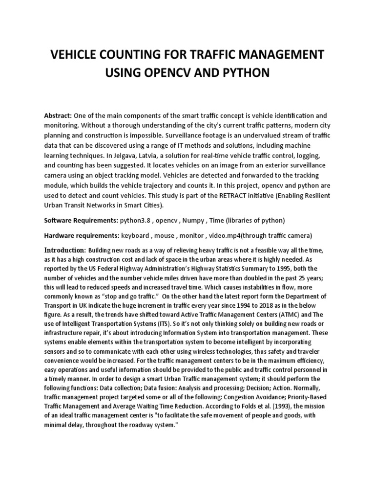 Vehicle Counting For Traffic Management Using Opencv and Python | PDF ...