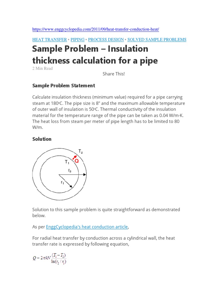 Sample Problem - Insulation Thickness Calculation For A Pipe | PDF