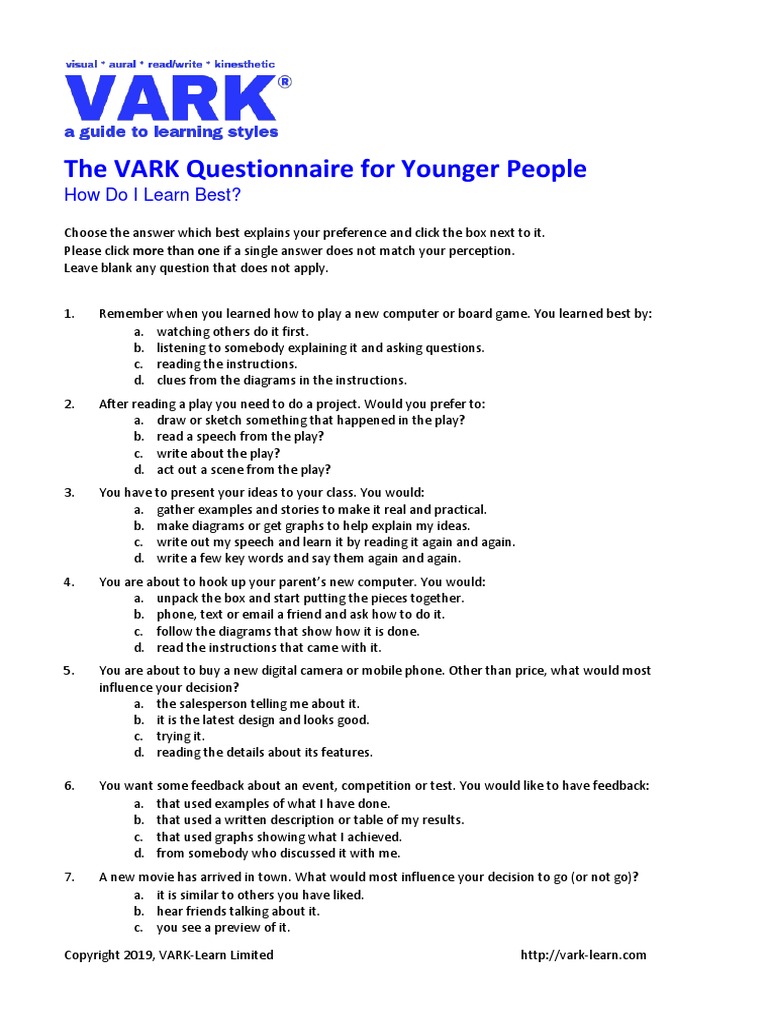The VARK Questionnaire Younger | PDF | Communication | Cognition