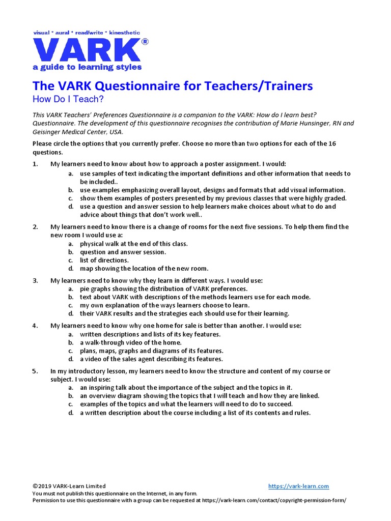 The VARK Questionnaire For Teachers/Trainers: How Do I Teach? | PDF | Learning Styles | Behavior ...