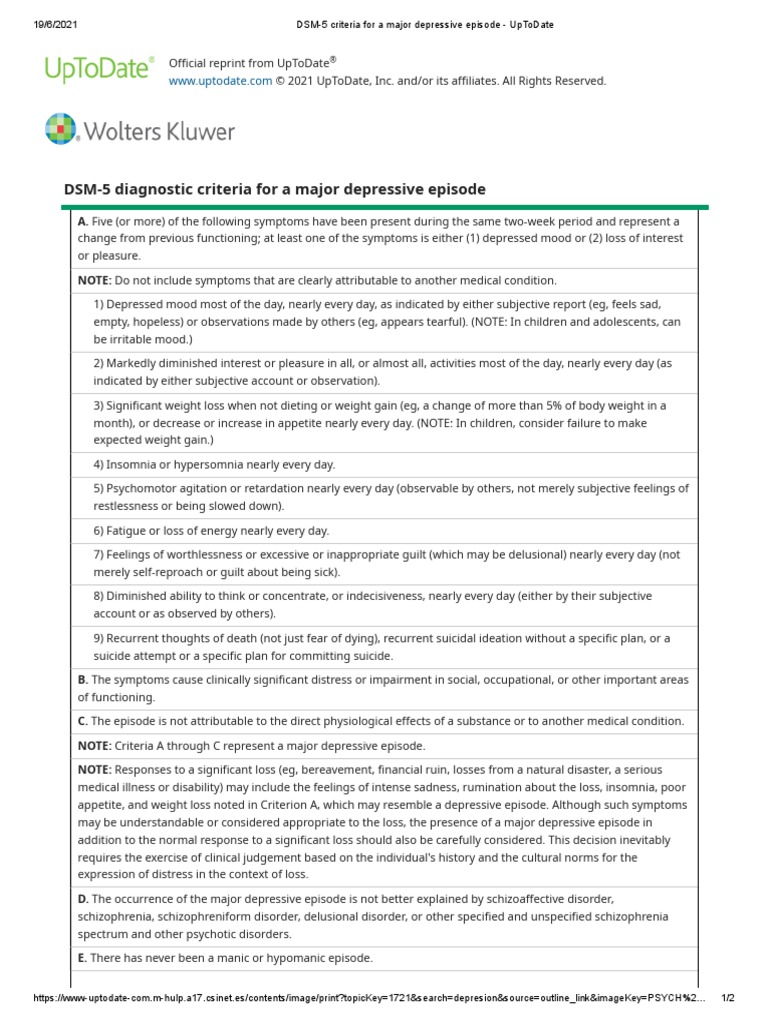 DSM-5 Criteria For A Major Depressive Episode - UpToDate | Download ...