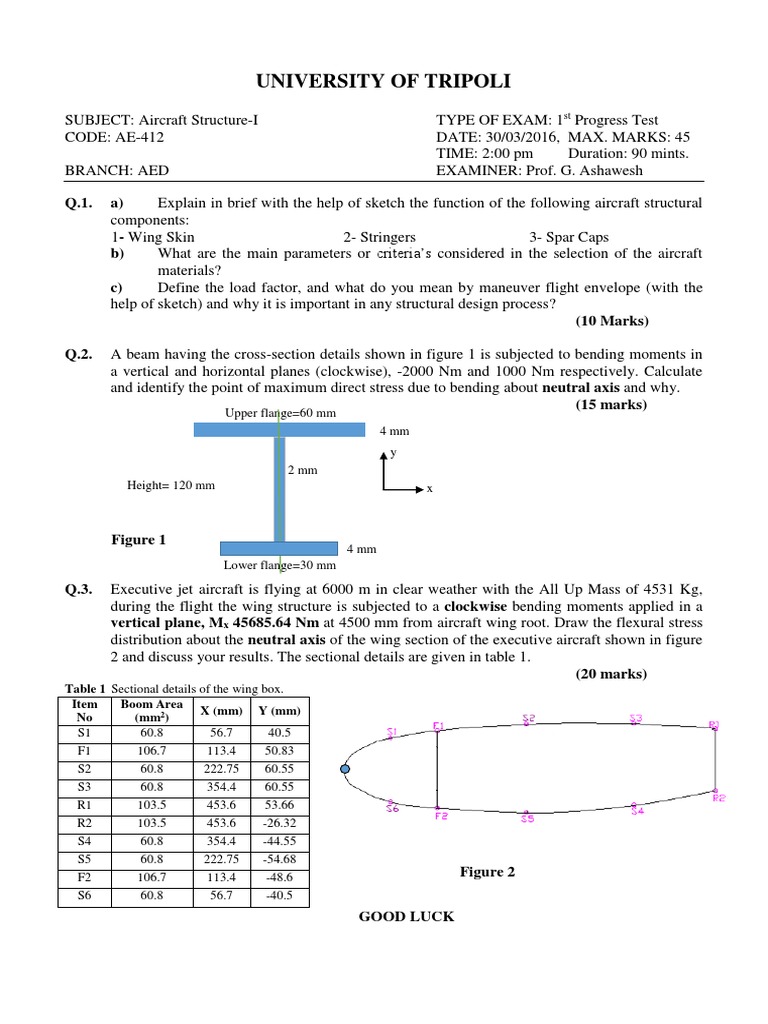 Aircraft Structure-I 1st Progress Test Exam Questions | PDF | Bending ...