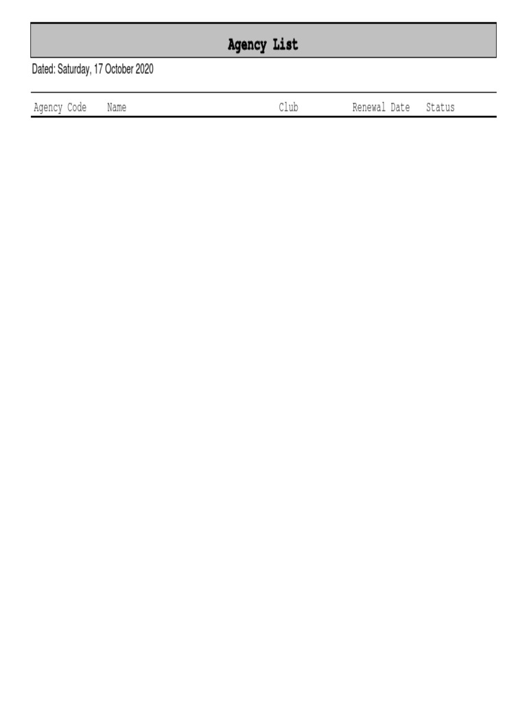 Agency List: Agency Code Name Club Renewal Date Status | PDF