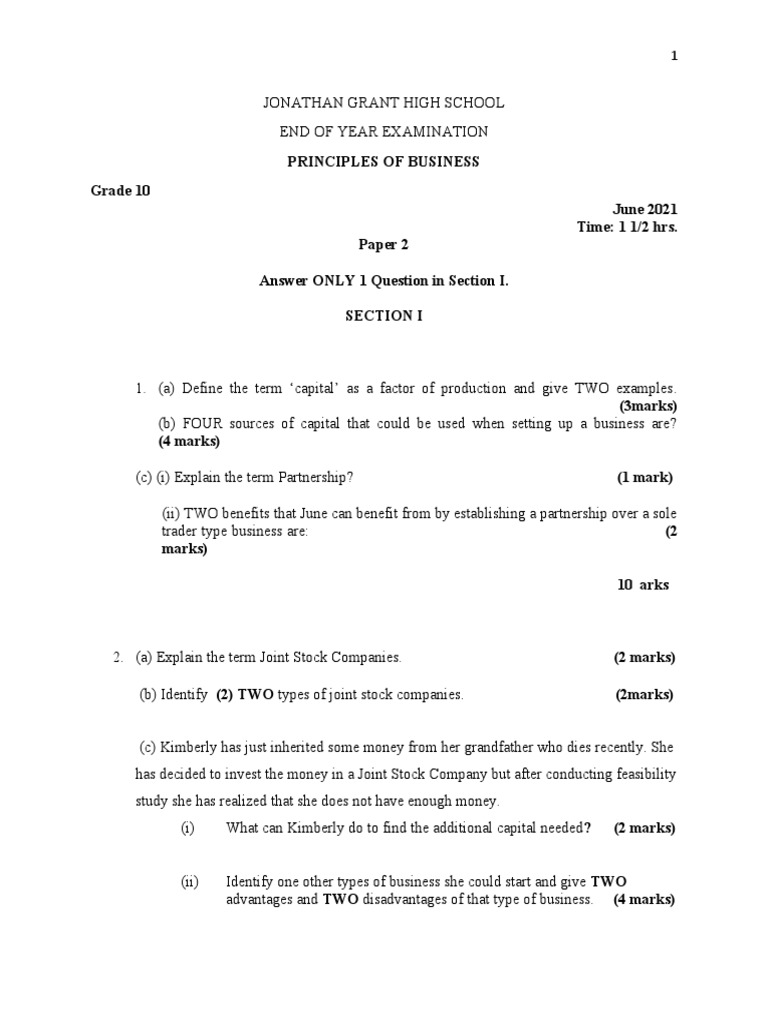 Principles of Business Grade 10 June 2021 Time: 1 1/2 Hrs. Paper 2 ...