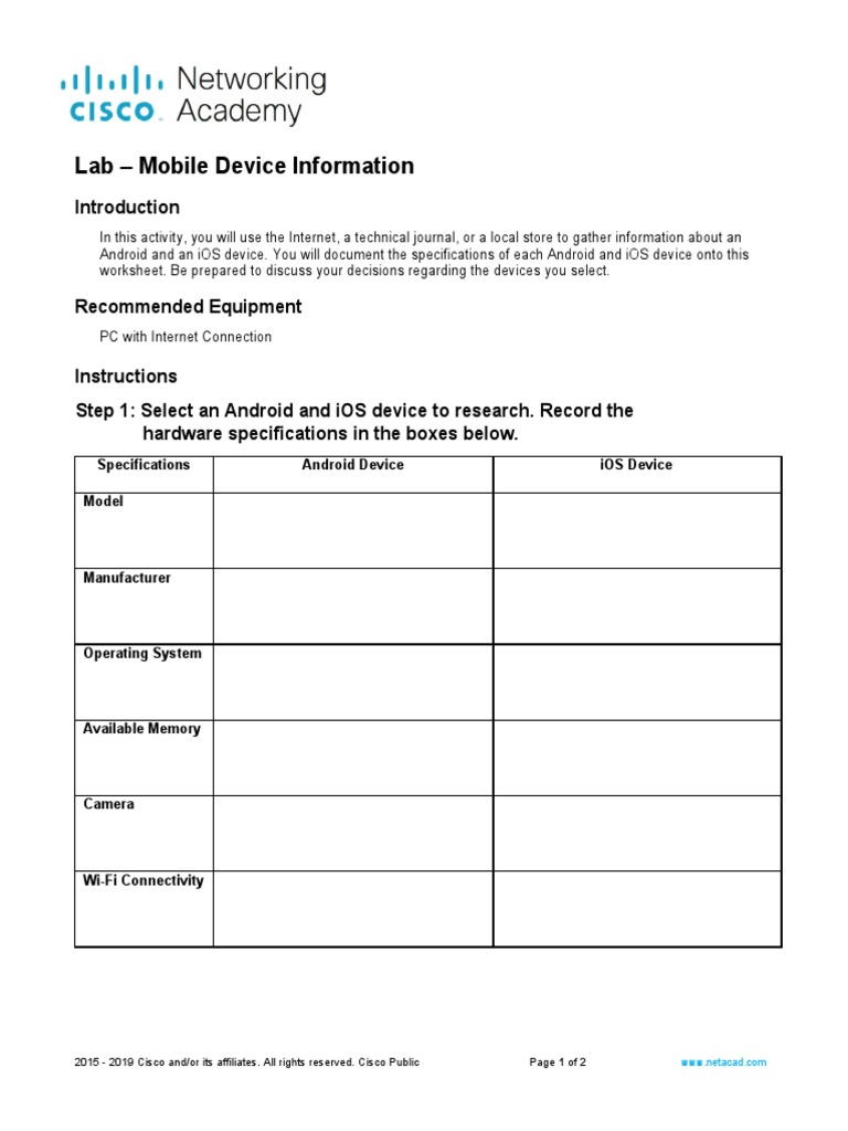 Lab - Mobile Device Information: Specifications Android Device iOS ...