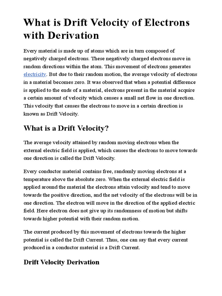 Drift Velocity of Electrons - Formula and Its Derivation | PDF | Electric Current | Electron