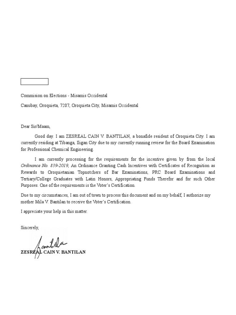 Authorization Letter For Voters Cert2ificate | PDF