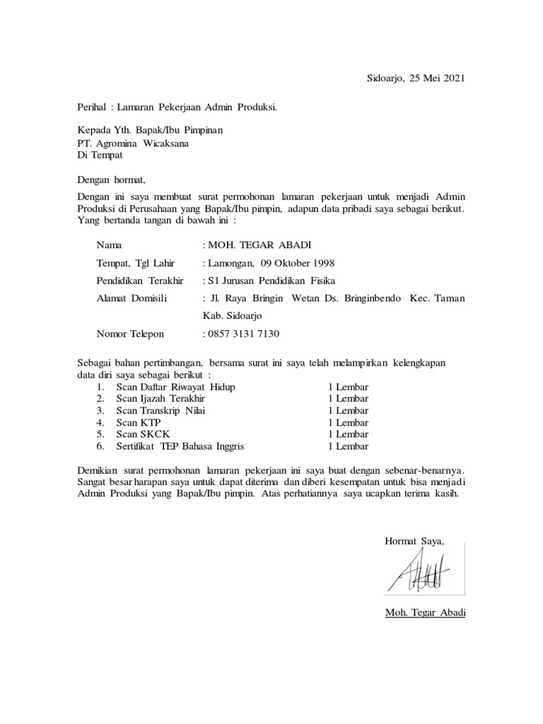 Contoh Surat Lamaran Admin Produksi | PDF