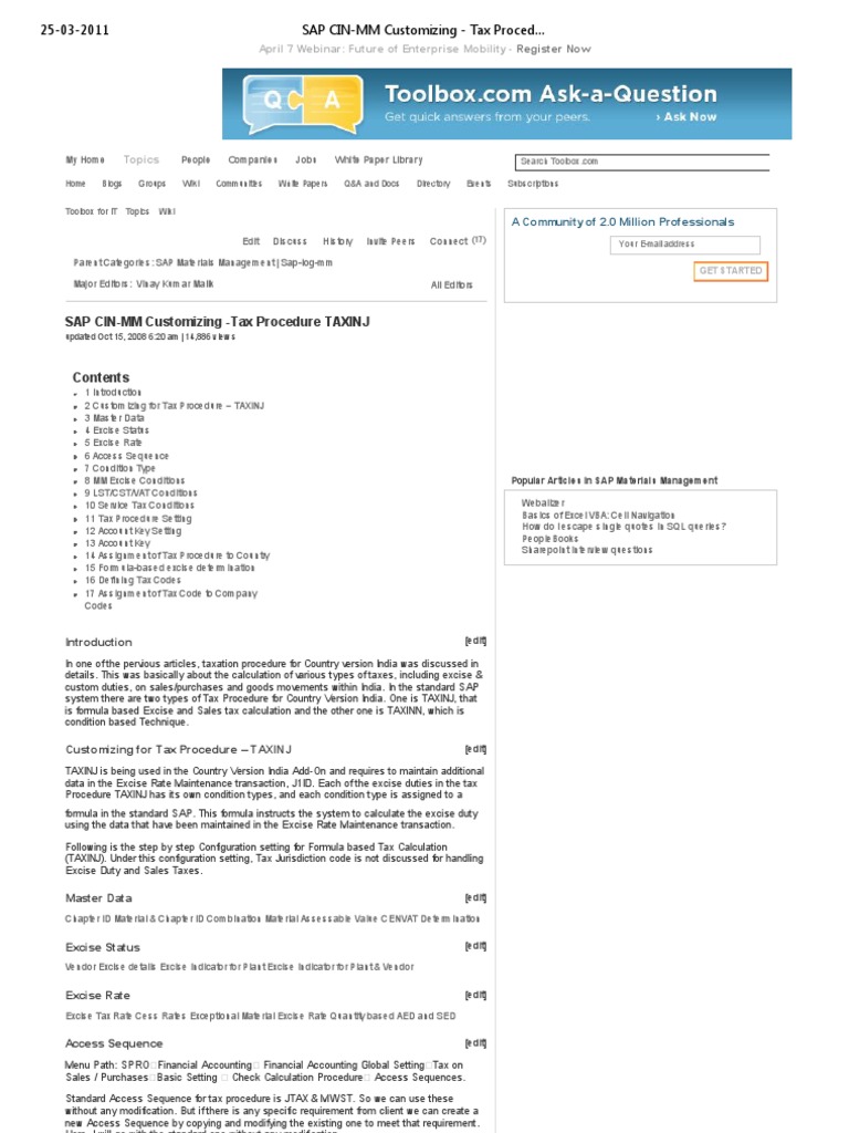 SAP CIN-MM Customizing - Tax Procedure TAXINJ | Download Free PDF | Excise | Taxation