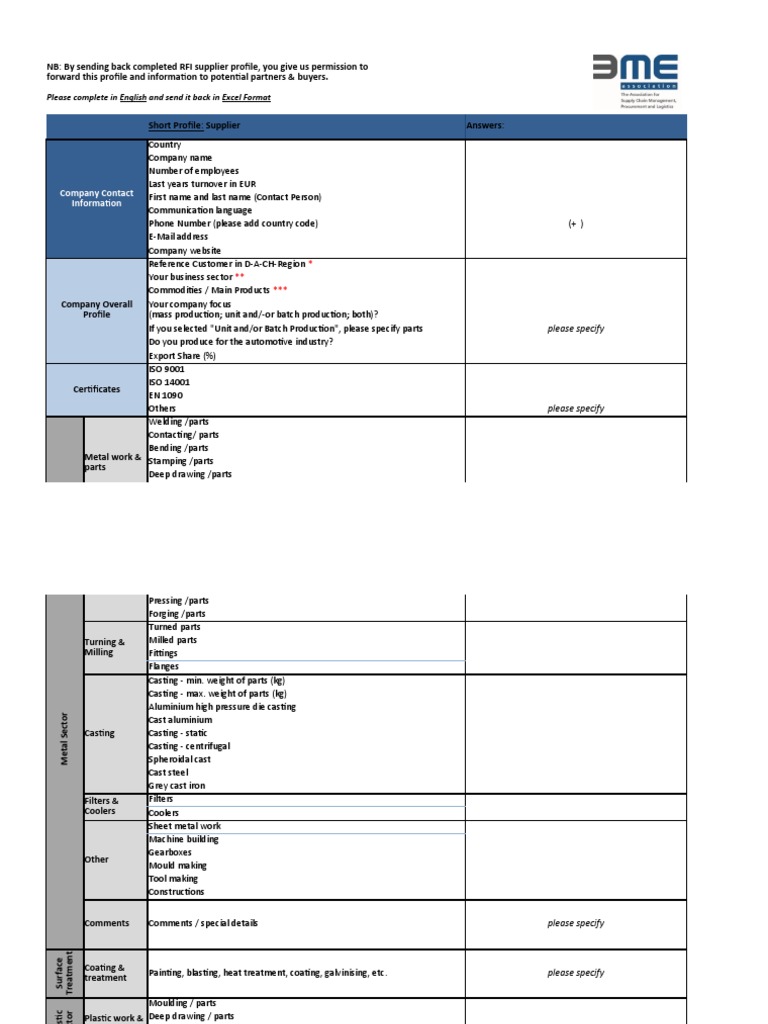 BME RFI Template - Supplier Profile - 2021 | Download Free PDF | Sheet ...