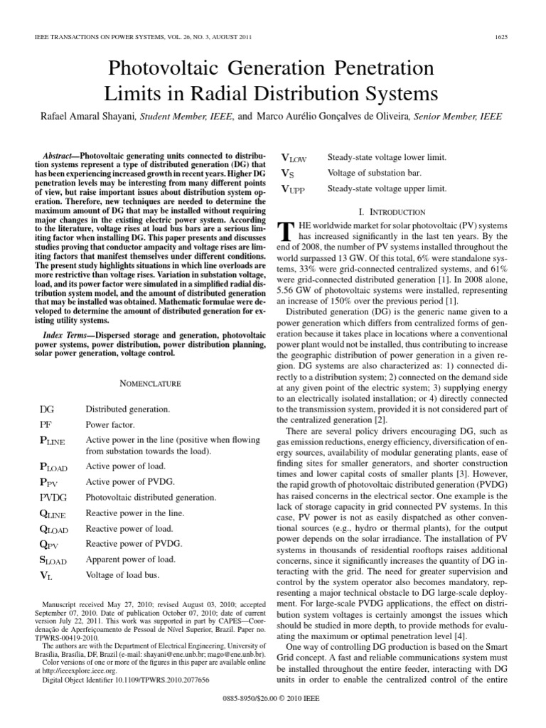 Photovoltaic Generation Penetration Limits in Radial Distribution Systems | PDF | Distributed ...
