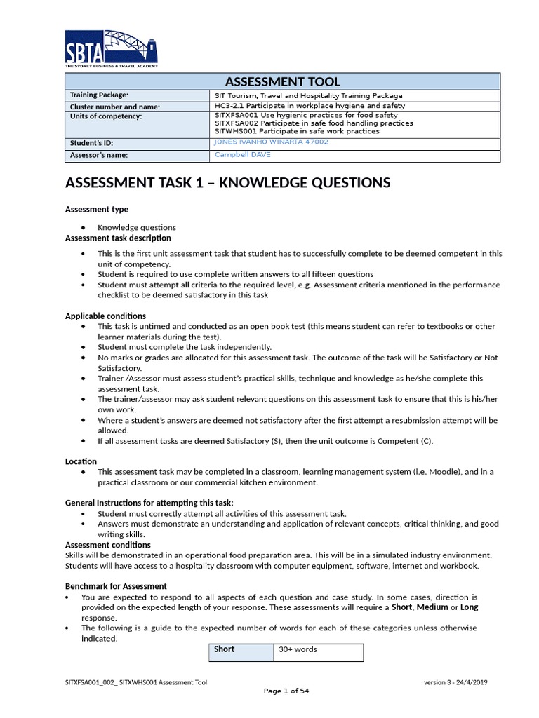 Assessment Task 1 - Knowledge Questions | PDF | Educational Assessment ...
