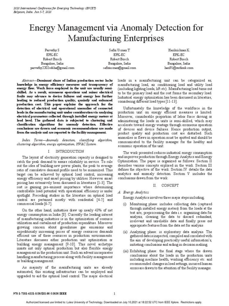 Energy Management Via Anomaly Detection For Manufacturing Enterprises ...