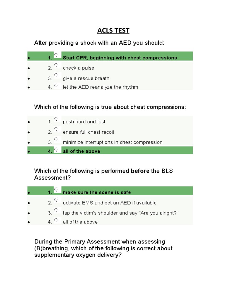 Acls Test: 1. Start CPR, Beginning With Chest Compressions | PDF ...