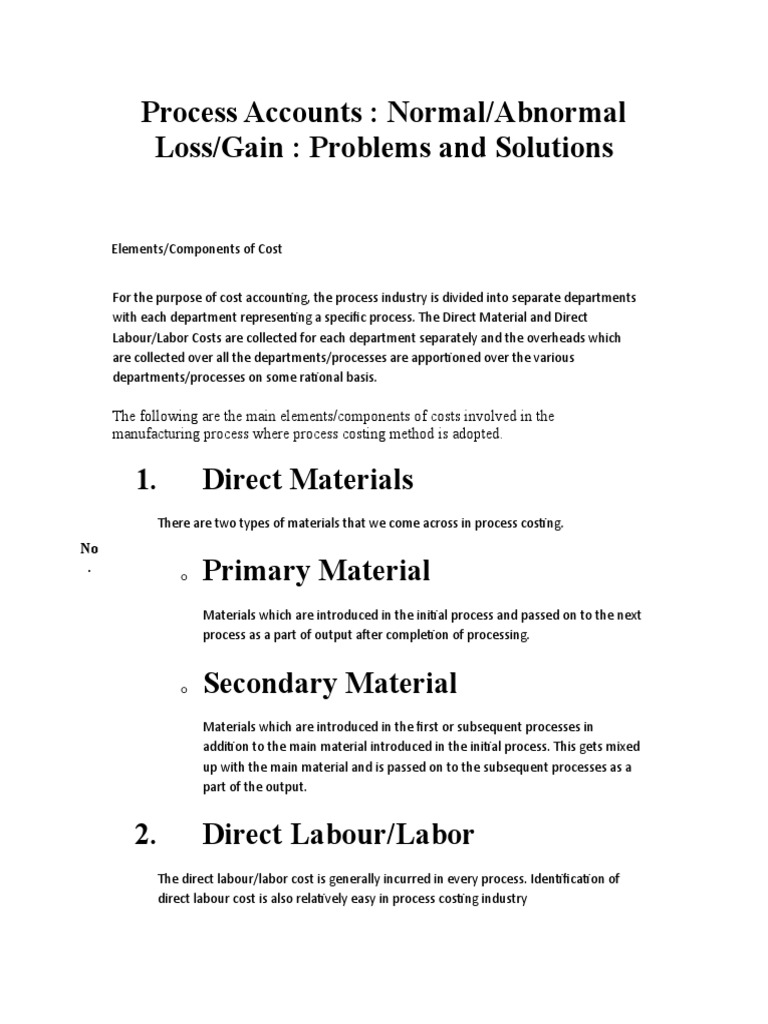Process Accounts: Normal/Abnormal Loss/Gain: Problems and Solutions | PDF | Output (Economics ...