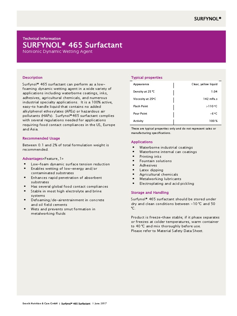 SURFYNOL® 465 Surfactant: Nonionic Dynamic Wetting Agent | PDF ...