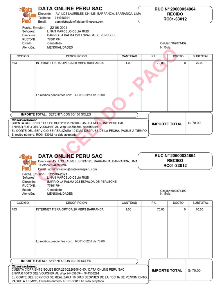 Recibo de internet fibra óptica 20 Mbps | PDF | Informática y ...