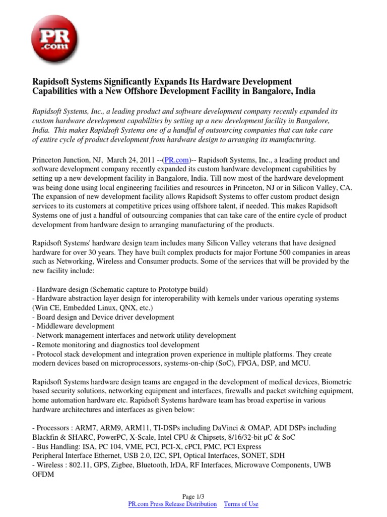 Rapidsoft Systems Significantly Expands Its Hardware Development Capabilities With A New ...