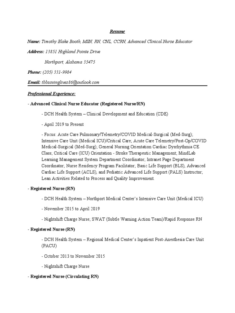Resume Timothy Blake Booth | PDF | Nursing | Intensive Care Medicine