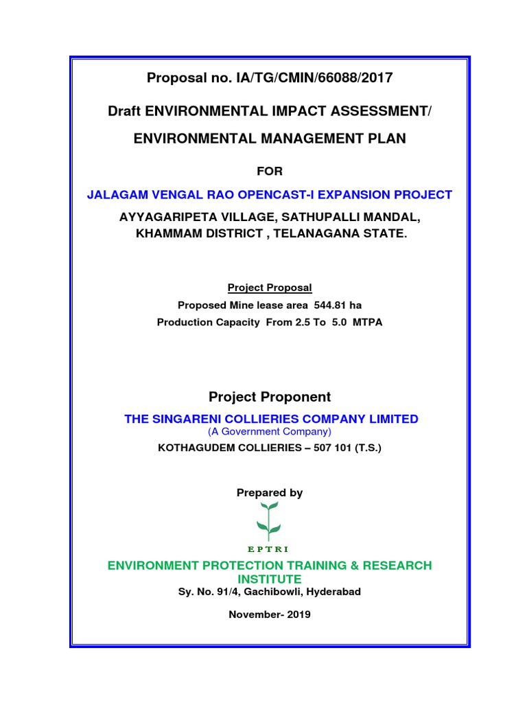 SCCL Jalagam Vengala Rao Opencast - I Expansion, Khammam - Draft EIA ... SCCL Jalagam Vengala Rao Opencast - I Expansion, Khammam - Draft EIA ...