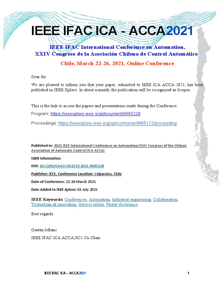Letter Communication IEEE ICA ACCA2021 Published in IEEE Xplore | PDF