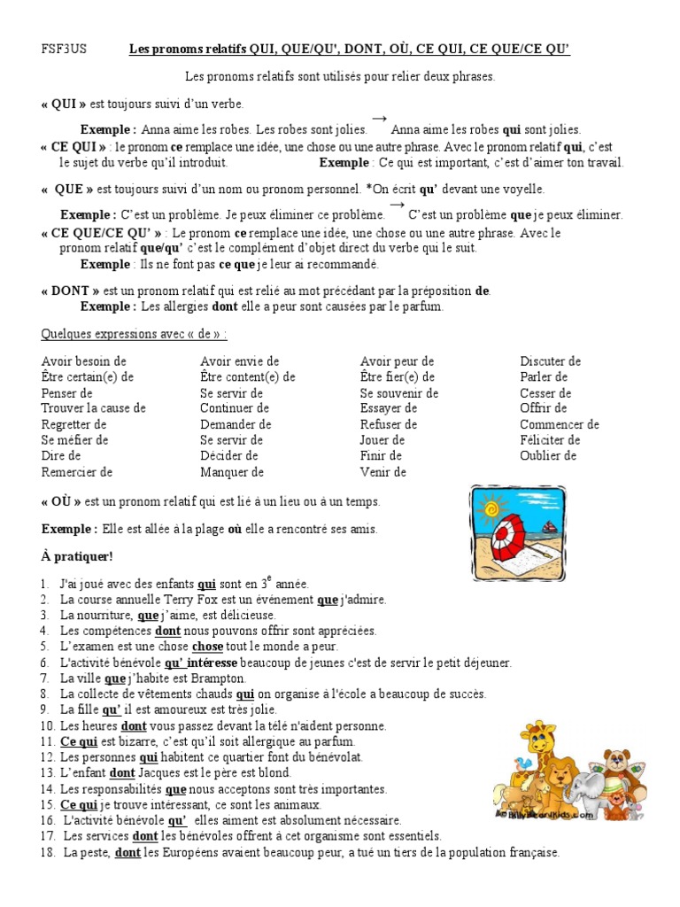 Pronoms relatifs : Qui, Que, Dont, Où | PDF | Pronom | Bénévolat