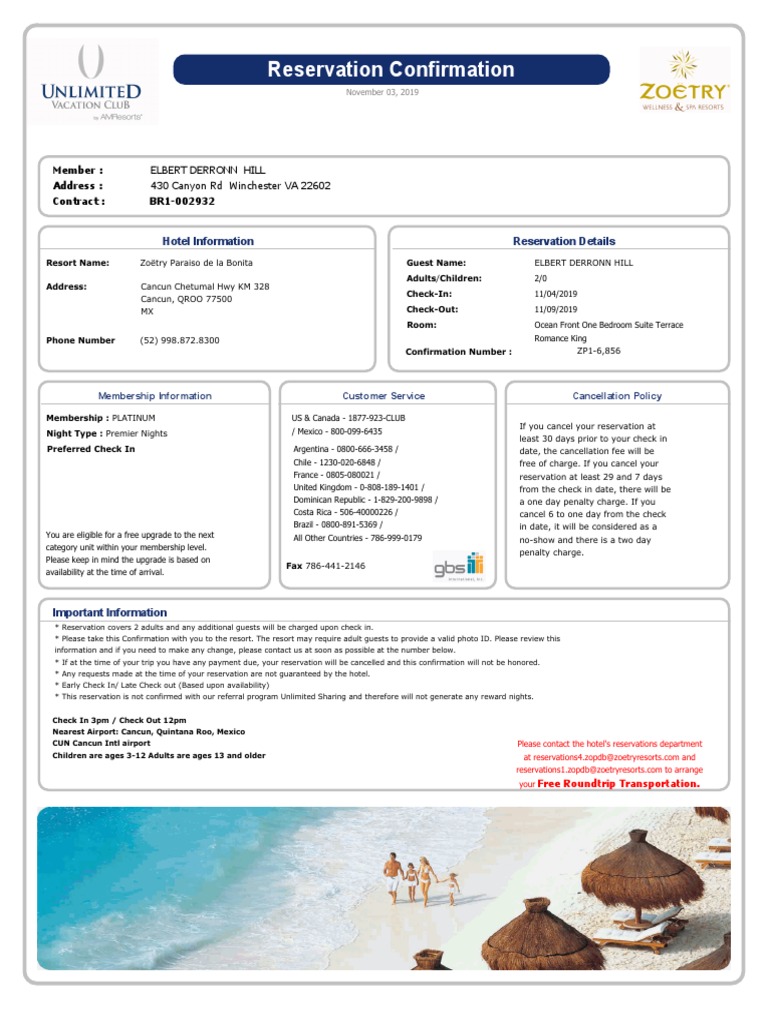 Reservation Confirmation: Reservation Details Hotel Information | PDF ...