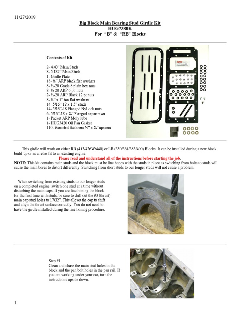 Big Block Main Bearing Stud Girdle Kit HUG7380K For "B" & "RB" Blocks ...