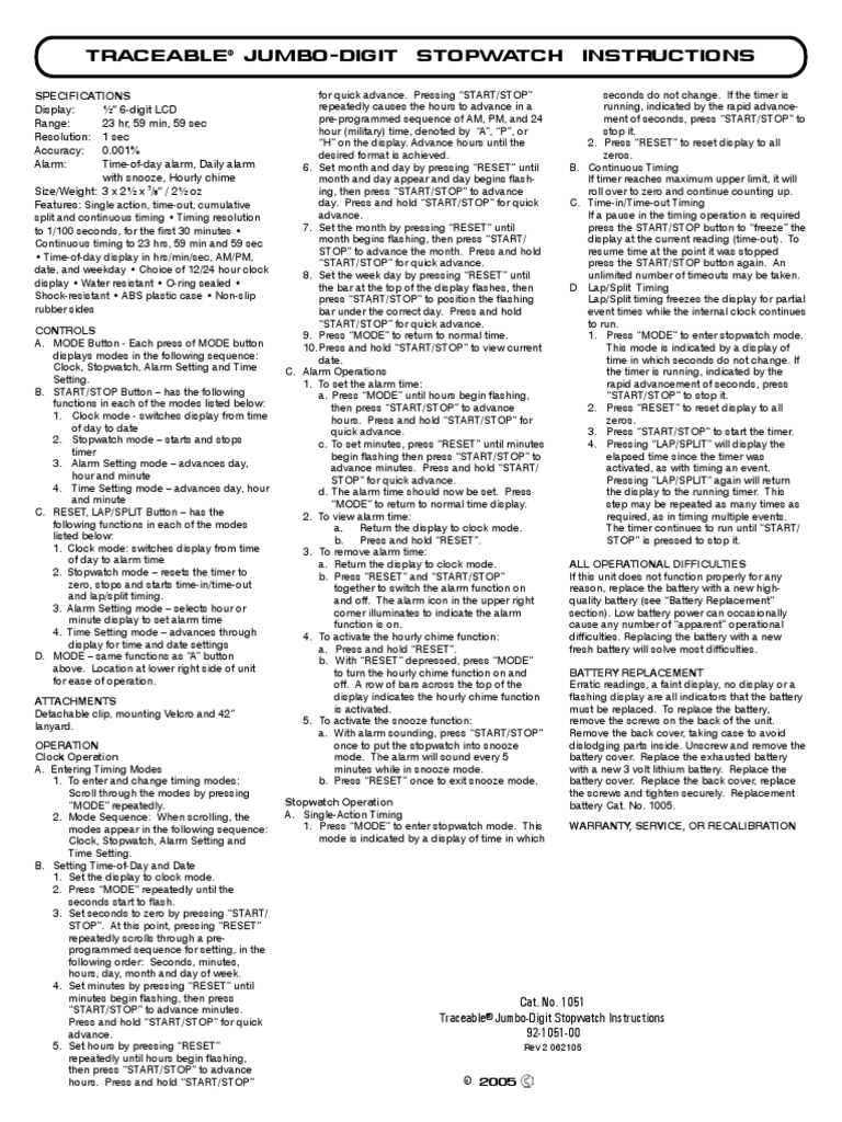 Traceable Jumbo Digit Stopwatch 1051 Instructions Manual | PDF | Timer | Clock