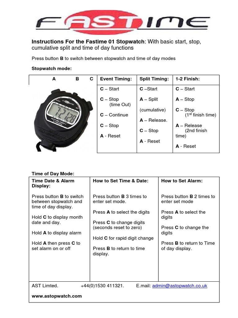 Cumulative Split and Time of Day Functions: Instructions For The Fastime 01 Stopwatch: With ...