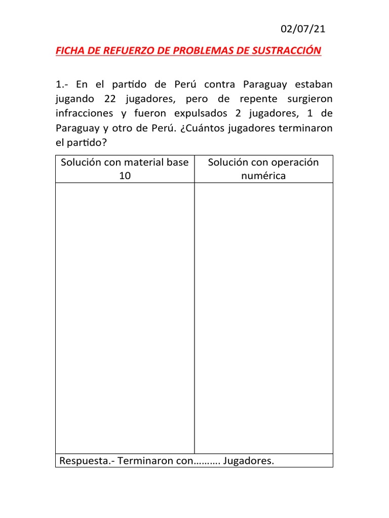 Ficha de Refuerzo de Problemas de Sustracción | PDF