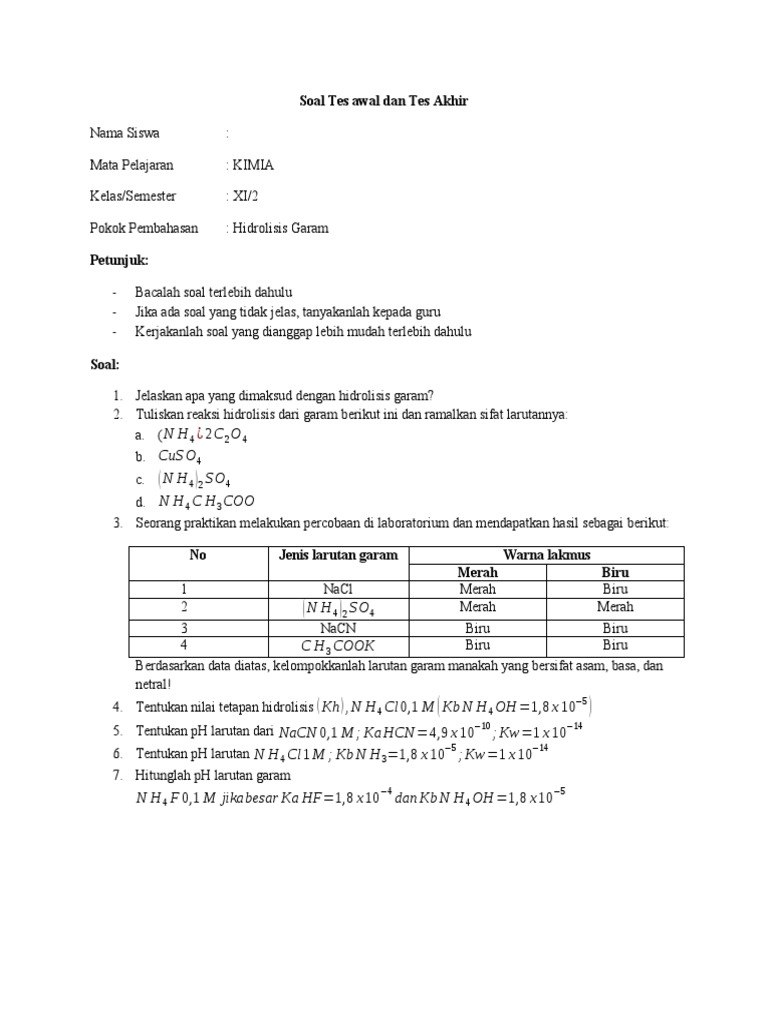 Soal Tes Awal Dan Tes Akhir | PDF