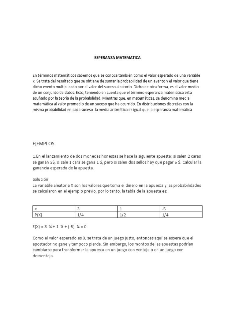 Esperanza Matematica | PDF | Valor esperado | Teoría de probabilidad