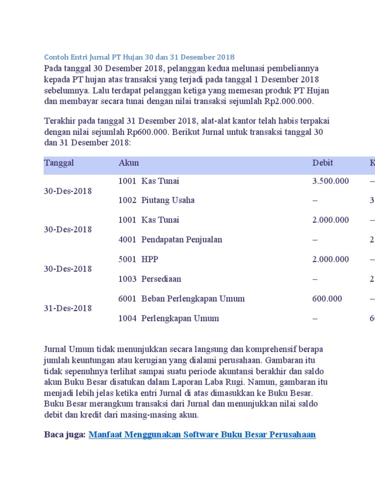 Contoh Entri Jurnal PT Hujan 30 Dan 31 Desember 2018: Baca Juga | PDF
