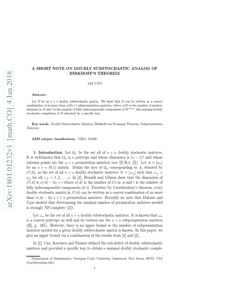 A Short Note On Doubly Substochastic Analogue of Birkhoff's Theorem | PDF | Matrix (Mathematics ...