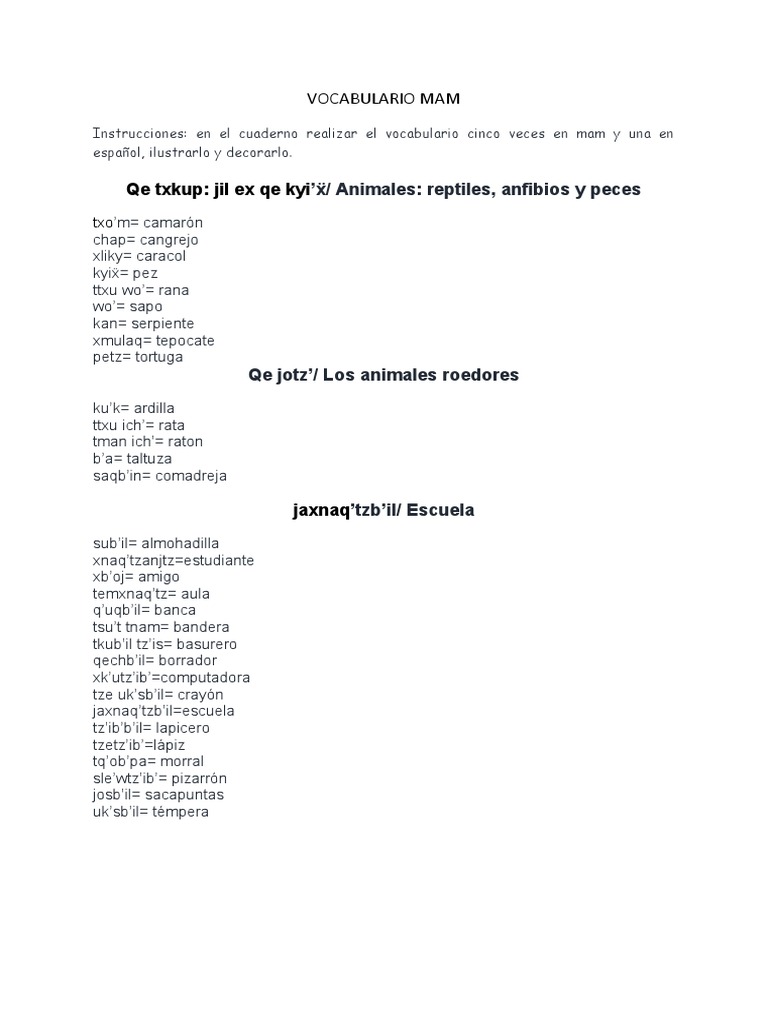 Vocabulario en Mam para Estudiantes | PDF | Artes del Lenguaje y ...