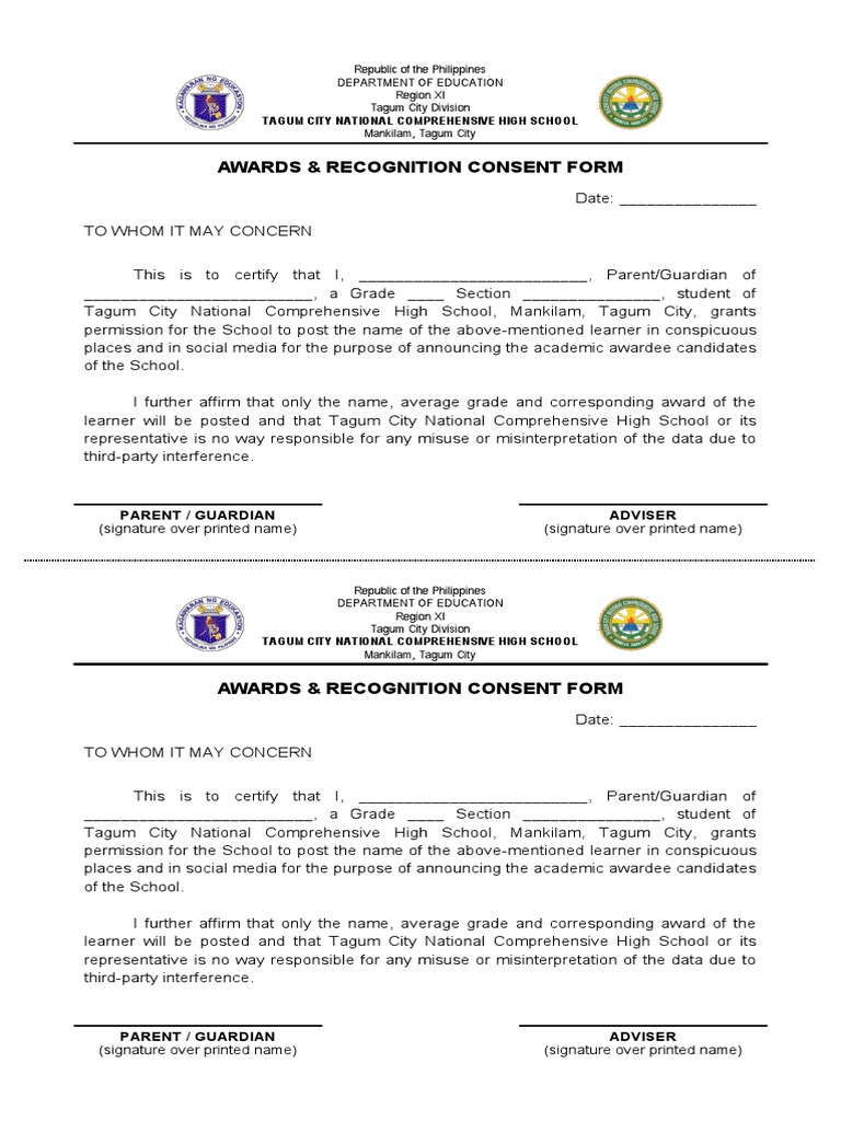 Awards & Recognition Consent Form: Tagum City National Comprehensive ...