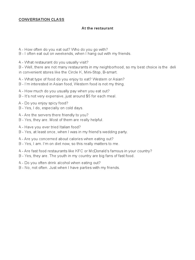 Daily Conversation at The Restaurant | PDF | Lifestyle