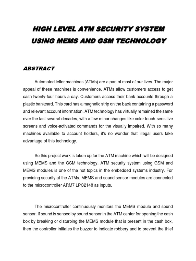 High Level Atm Security System Using Mems and GSM Technology | PDF | Automated Teller Machine ...