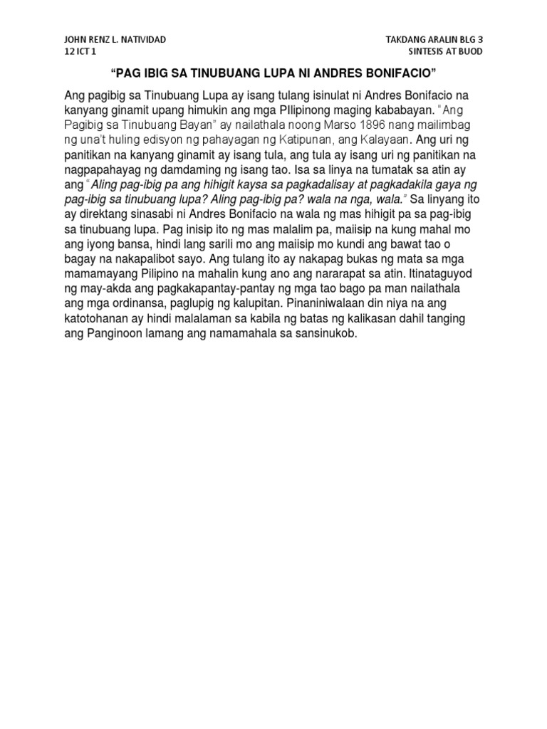 Pag Ibig Sa Tinubuang Lupa Ni Andres Bonifacio | PDF