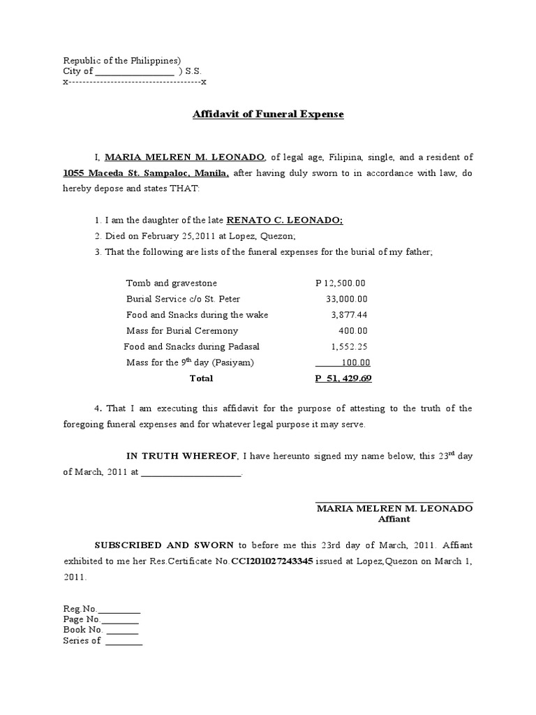 Affidavit of Funeral Expense | PDF