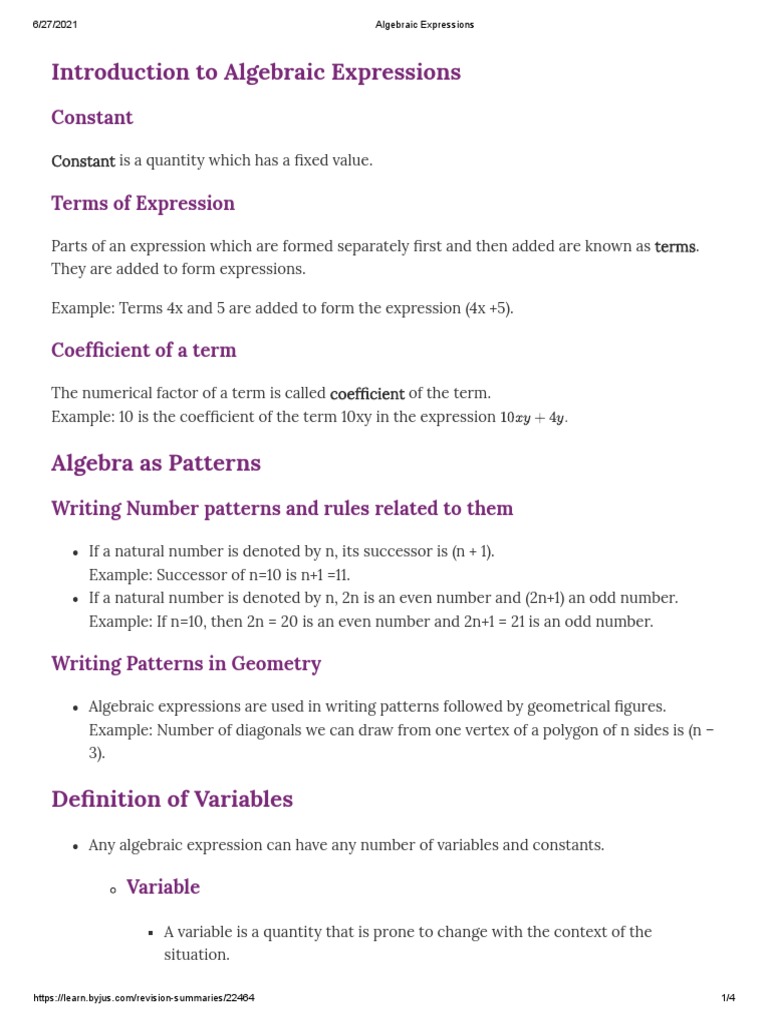 Introduction To Algebraic Expressions: Constant | PDF | Variable (Mathematics) | Area