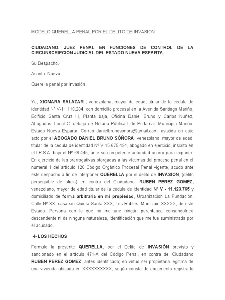 Modelo Querella Penal Por El Delito de Invasión | PDF | Queja | Procedimiento legal
