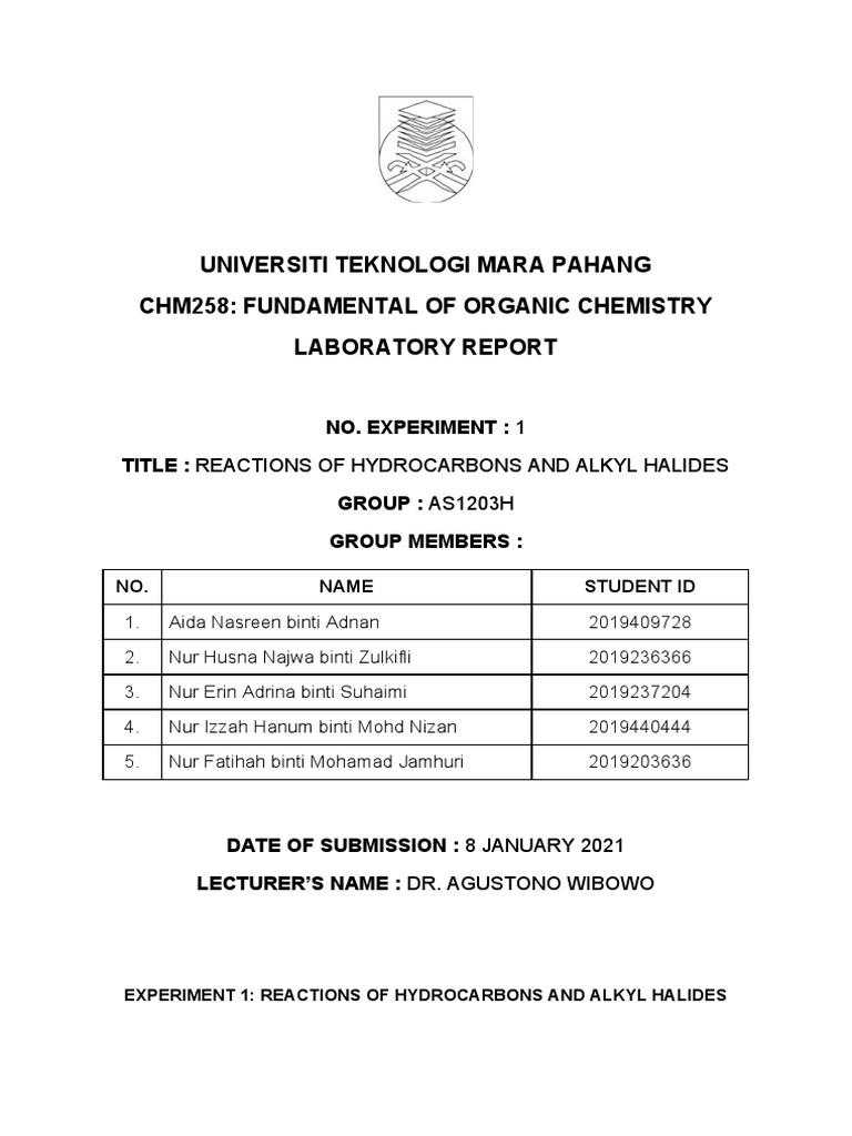 As1203h Lab Report Chm258 | PDF | Alkene | Chemical Reactions