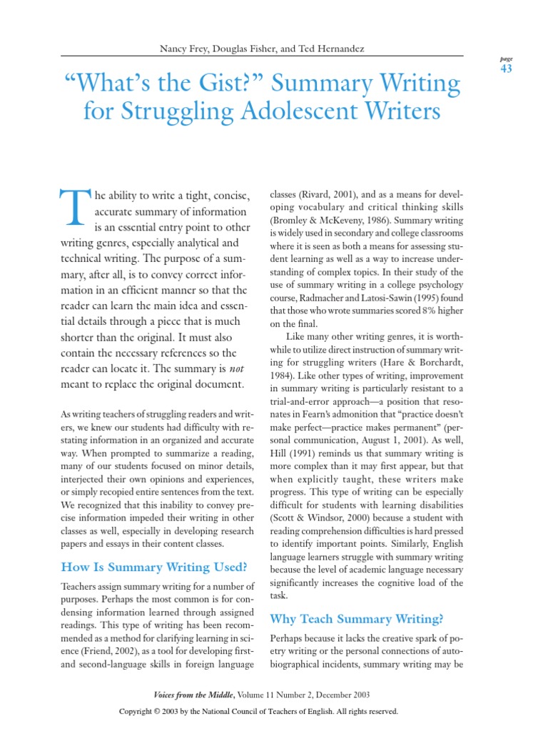 "What's The Gist?" Summary Writing For Struggling Adolescent Writers | Download Free PDF ...