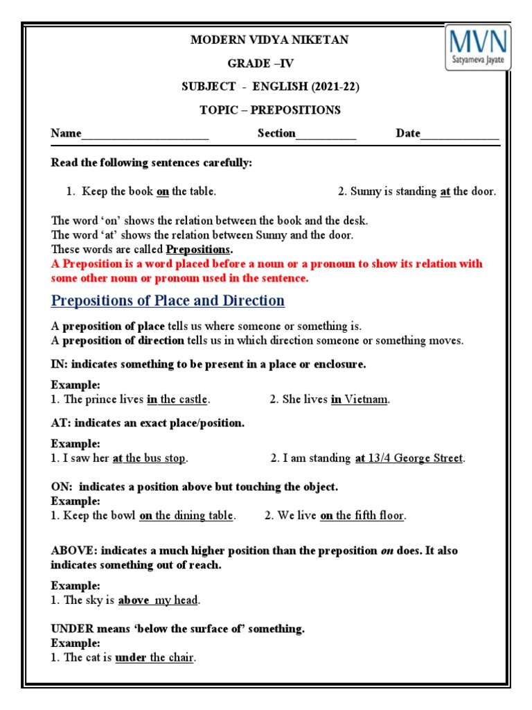 Class 4 Preposition Worksheet with Answers | PDF | Preposition And ...