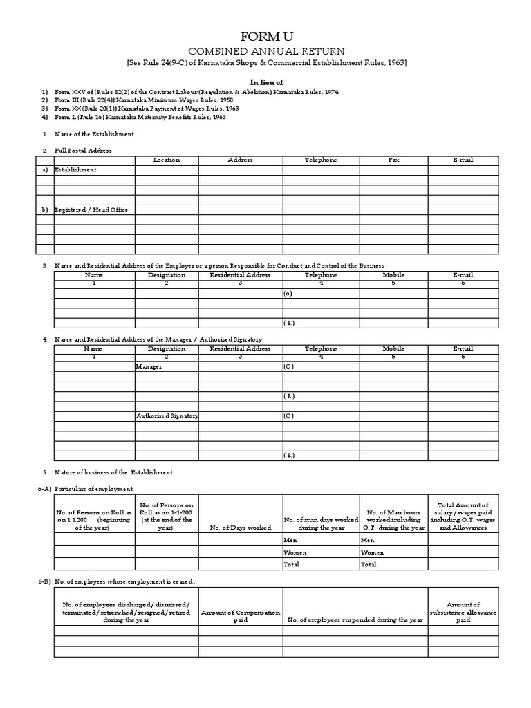 Form U Annual Returns Excel Format | PDF | Wage | Employment