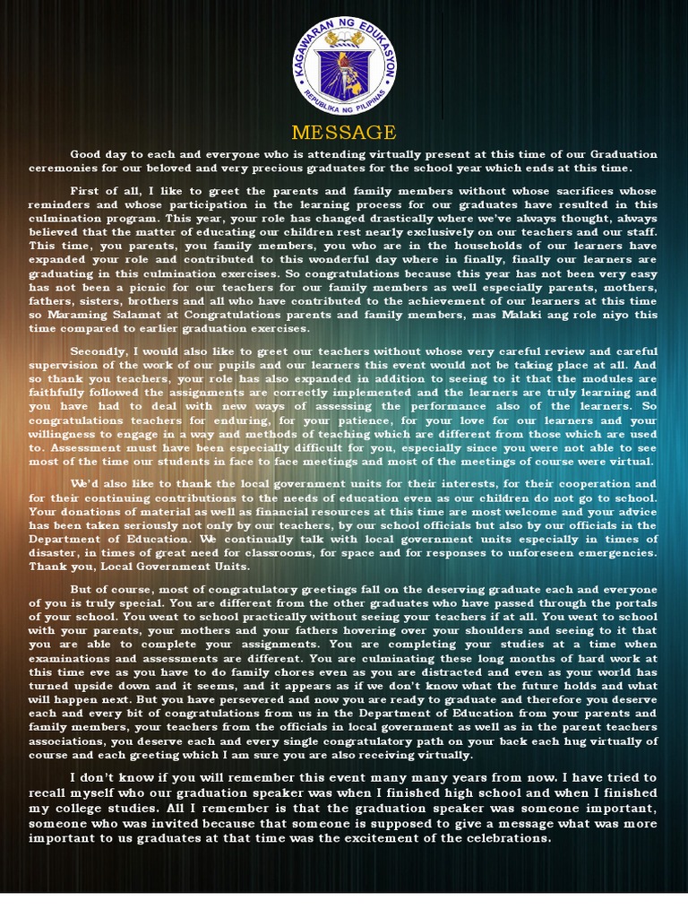 Graduation Message Secretary Briones SY 2020 2021 | PDF | Teachers ...